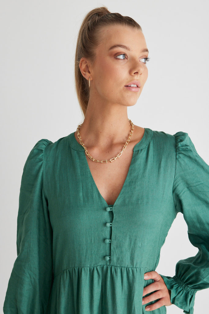 Shop Compelling Fern Green Linen Ls Button Front Tiered Maxi Dress | F