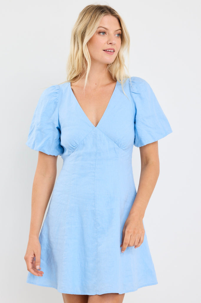 Shop Adelaide Sky Blue Linen Puff Sleeve Panelled Mini Dress | Flo & F