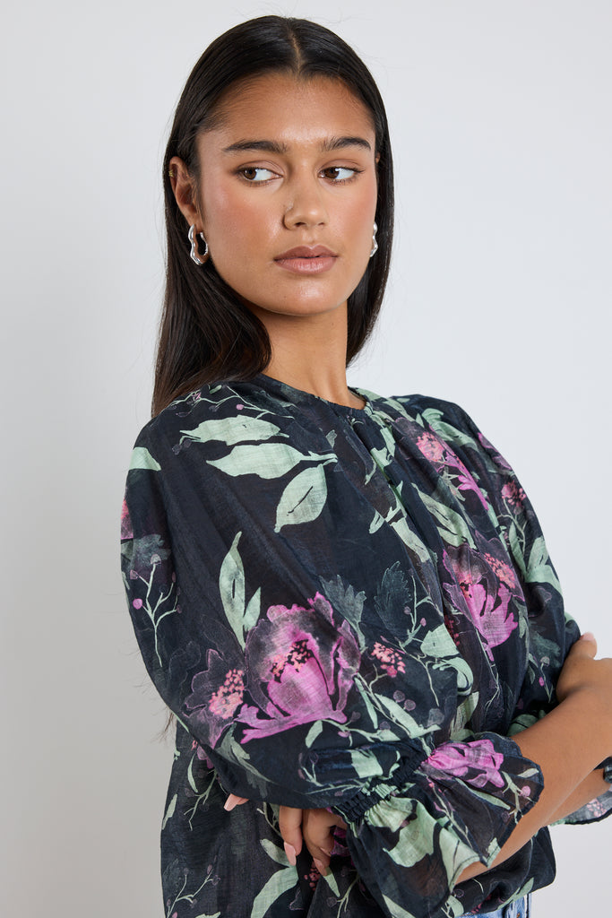 Shop Candid Petrol Lilac Floral Crew Neck Mid Sleeve Top | Flo & Frank