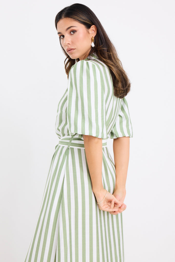 Shop Kindred Moss Stripe Puff Sleeve Midi Shirt Dress | Flo & Frankie