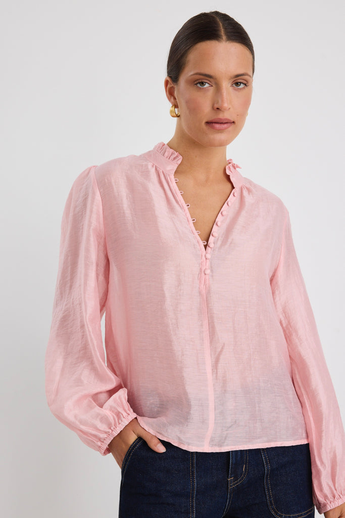 Shop Premise Blush Pink Button Front High Neck Blouse | Flo & Frankie