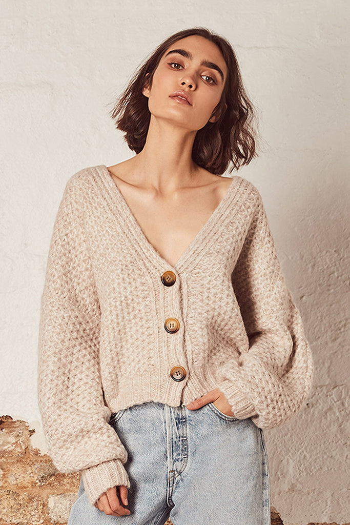 Shop Harper LS Natural Ribbed Button Cardi | Flo & Frankie