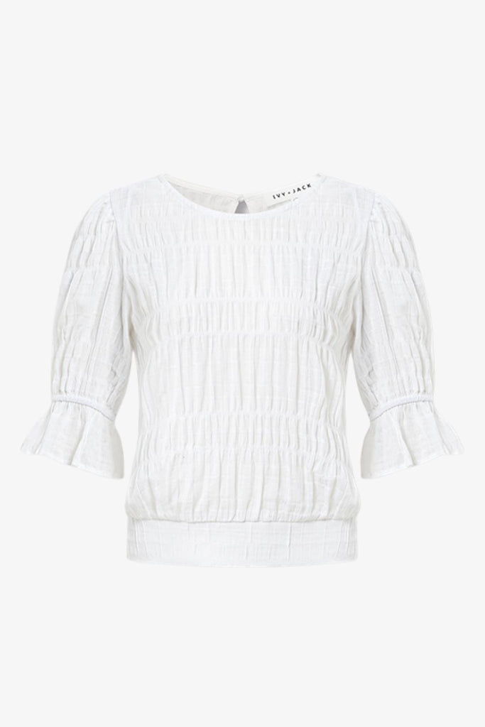 Shop Lovely White Shirred Cotton Stretch Back SS Top | Flo & Frankie