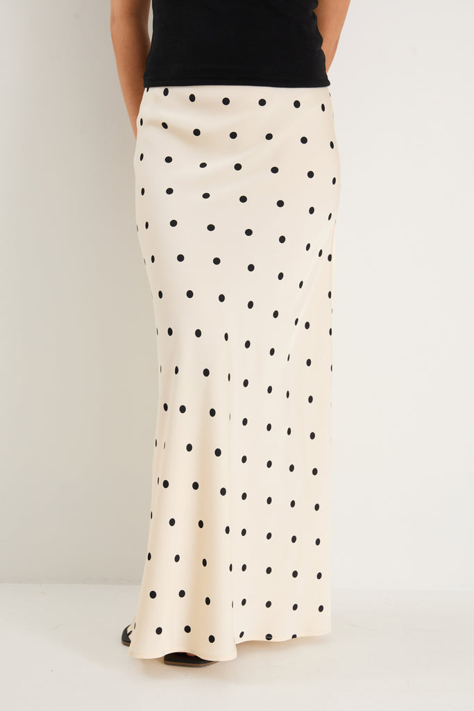 Shop Prodigy Cream Black Polka Dot Satin Bias Cut Midi Skirt | Flo & F