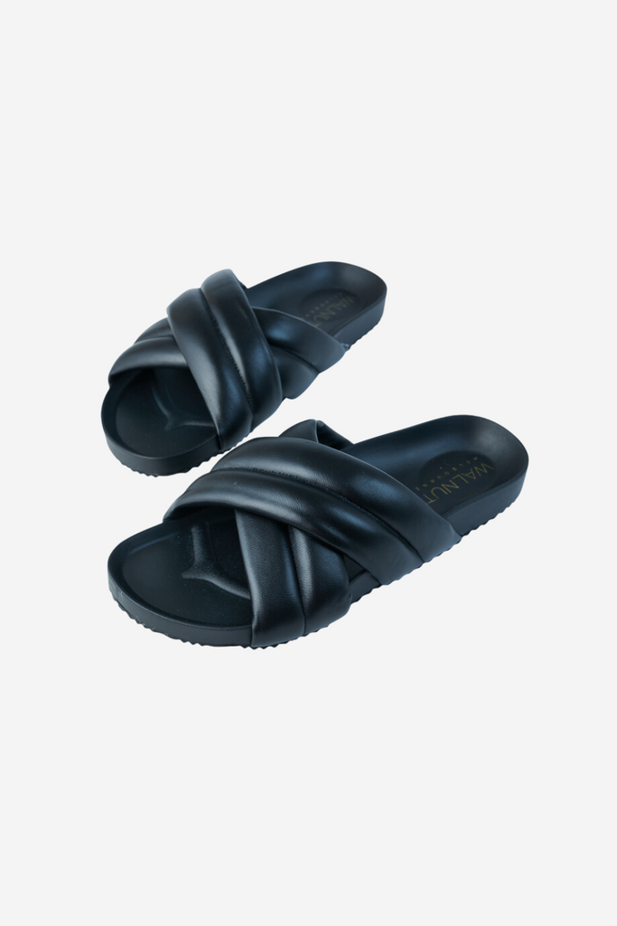 Shop Pine Black Leather Cross Over Slide | Flo & Frankie