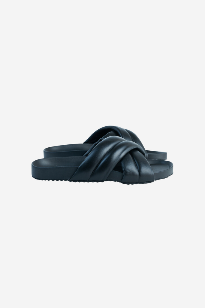 Shop Pine Black Leather Cross Over Slide | Flo & Frankie