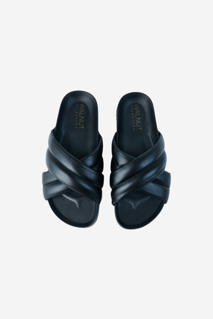 Shop Pine Black Leather Cross Over Slide | Flo & Frankie