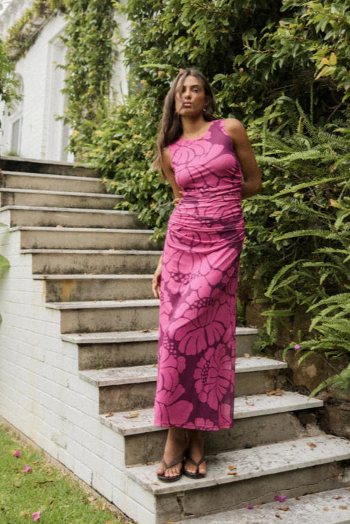 Shop Persephone Berry Floral Mesh Sleeveless Midi Dress | Flo & Franki