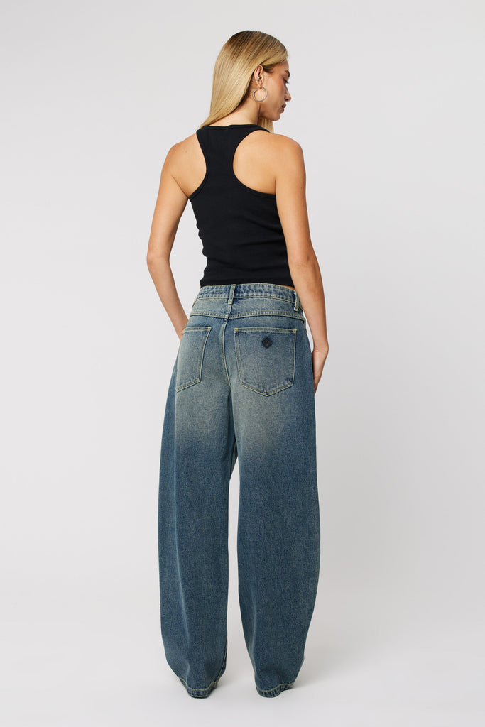 Shop 95 Ava Dark Washed Denim Contrast Stich Mid Barrel Jean | Flo & F