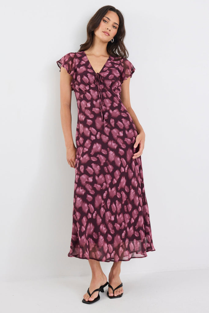 Shop Admiration Burgundy Smudge Print Georgette Flutter Sleeve Maxi Dr