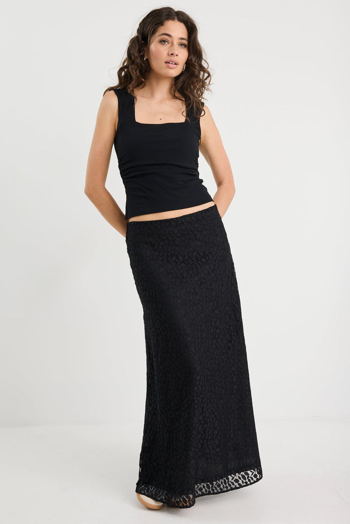 Shop Zeus Black Lace Bias Maxi Skirt | Flo & Frankie