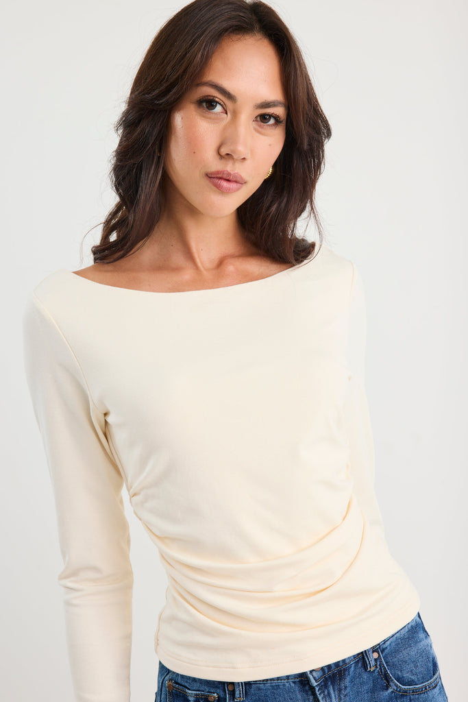 Shop Alley Buttermilk Rib Boat Neck LS Top | Flo & Frankie