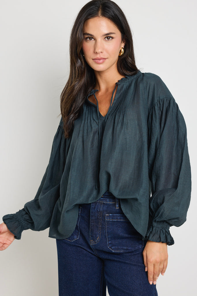 Shop Refined Deep Forest LS Pintuck Top | Flo & Frankie