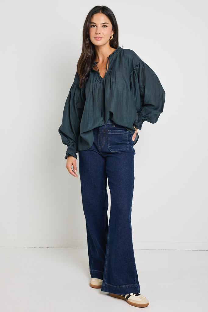 Shop Refined Deep Forest LS Pintuck Top | Flo & Frankie
