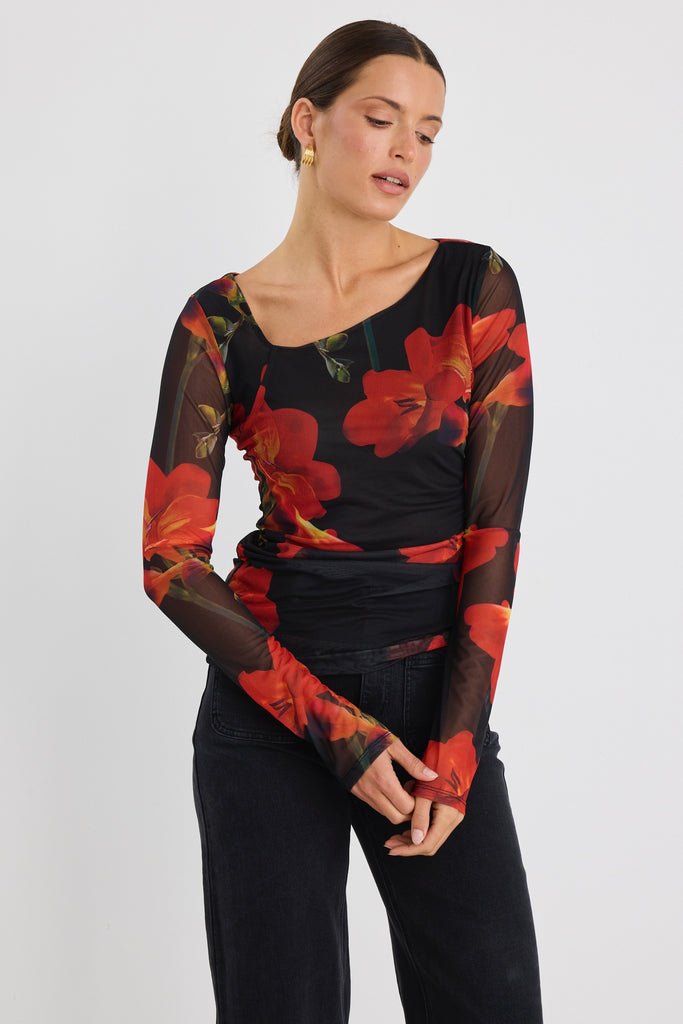 Shop Askew Red Floral Mesh Asymmetrical LS Top | Flo & Frankie