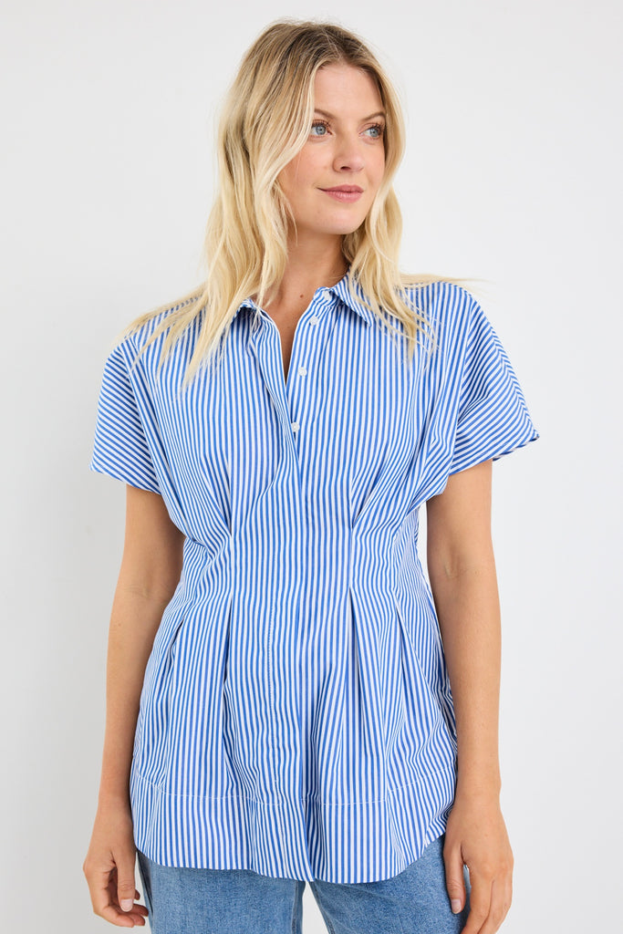 Shop Astute Bright Blue Stripe Short Sleeve Corset Detail Top | Flo