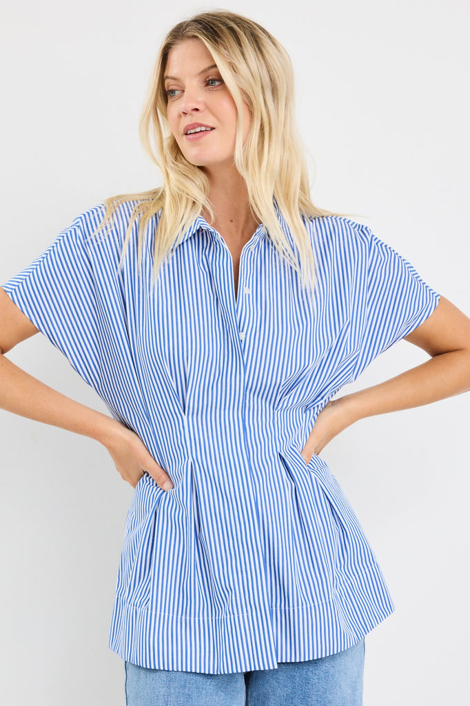 Shop Astute Bright Blue Stripe Short Sleeve Corset Detail Top | Flo