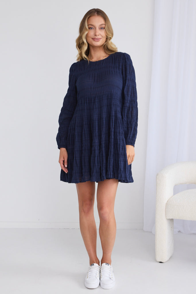 Shop Bella Navy Shirred Cotton LS Tiered Mini Dress | Flo & Frankie