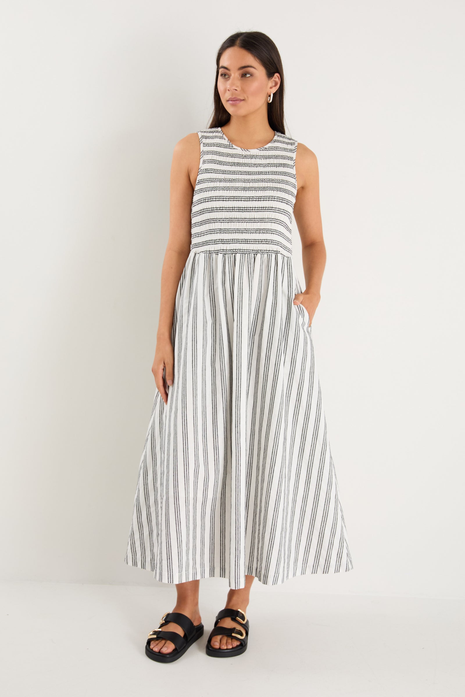 Shop Bryar Ivory Black Stripe Cotton Sleeveless Shirred Bodice Midi Dr