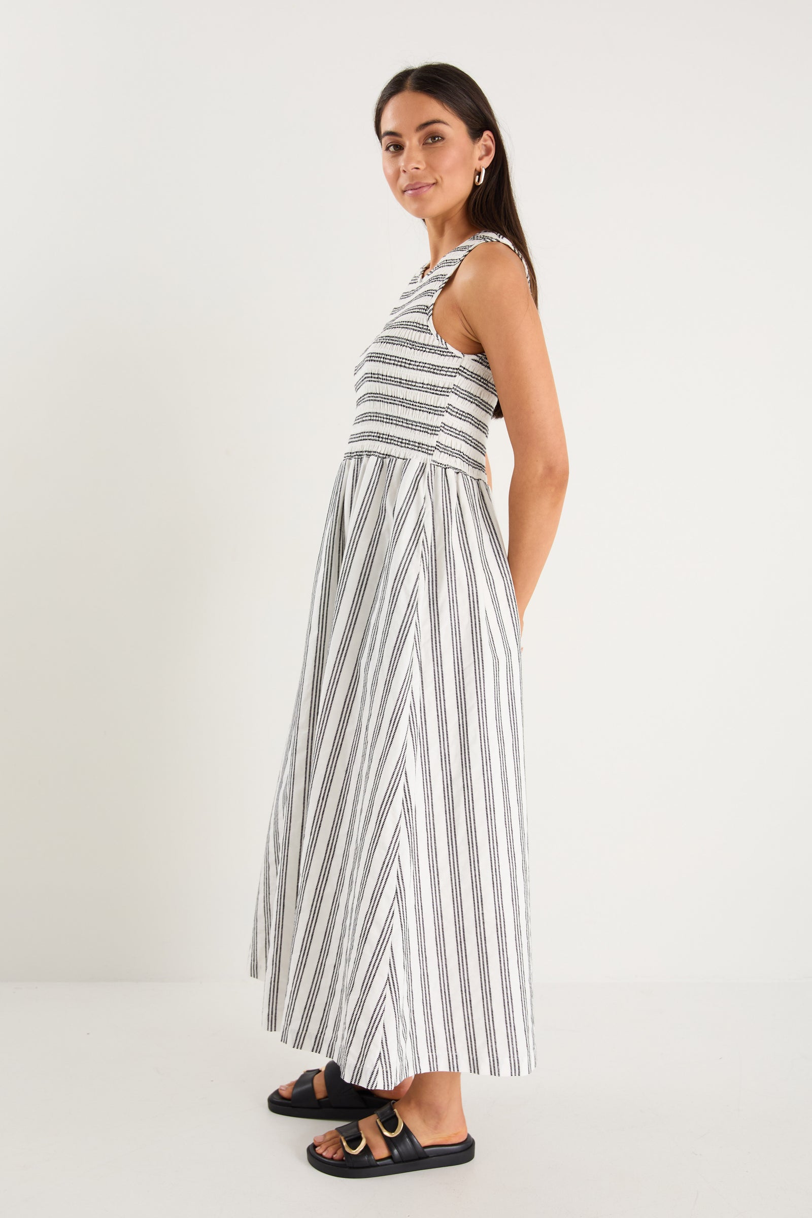 Shop Bryar Ivory Black Stripe Cotton Sleeveless Shirred Bodice Midi Dr