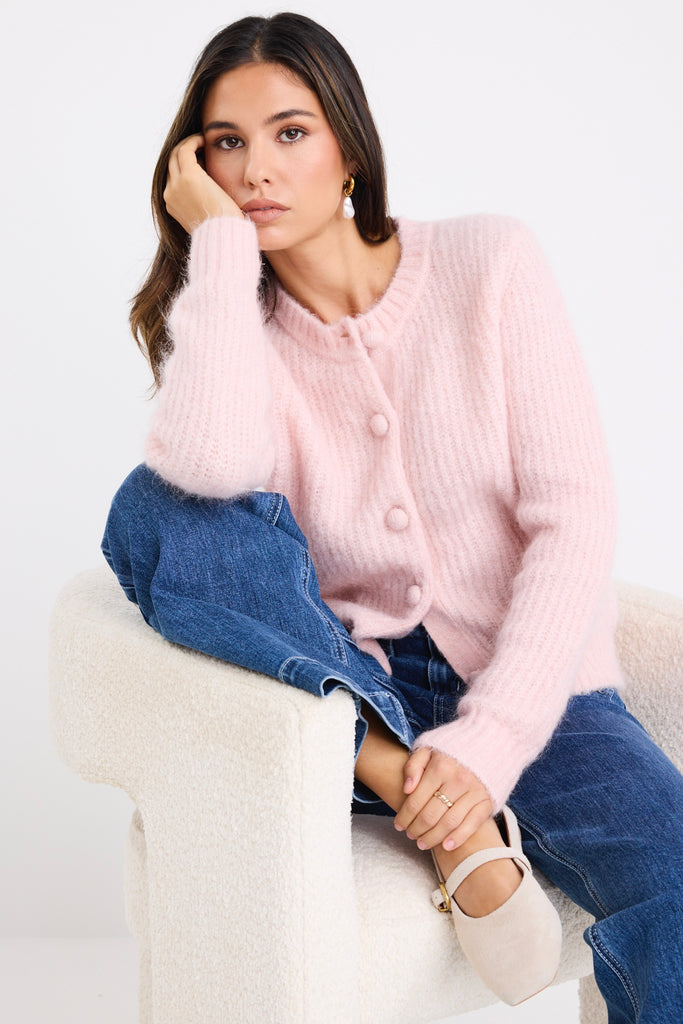 Shop Highlight Blush Mohair Blend Crewneck Cardigan | Flo & Frankie