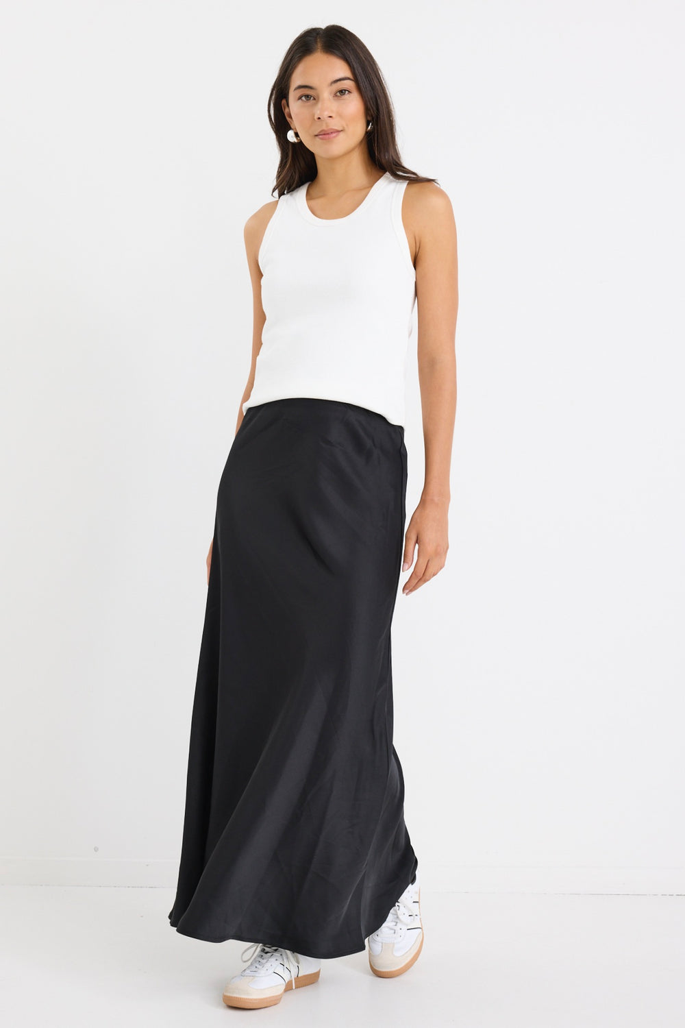 Shop Prodigy Black Satin Bias Maxi Skirt | Flo & Frankie
