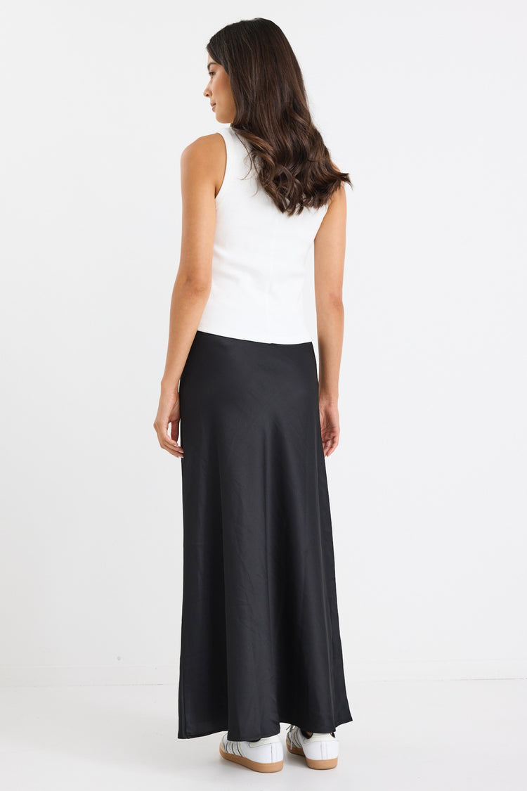 Shop Prodigy Black Satin Bias Maxi Skirt | Flo & Frankie