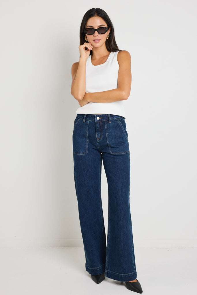 Shop Feature Indigo Mid Rise Front Pocket Wide Leg Jean | Flo & Franki
