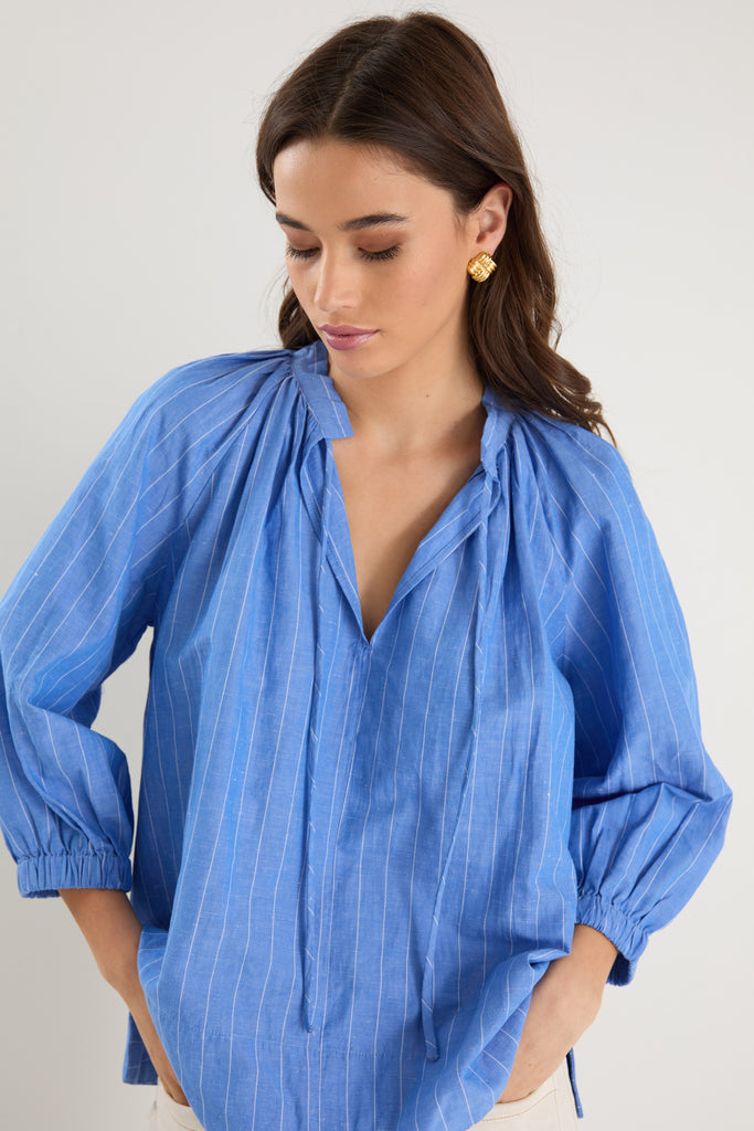 Shop Compliment French Blue Stripe Blouson Mid Sleeve Top | Flo & Fran