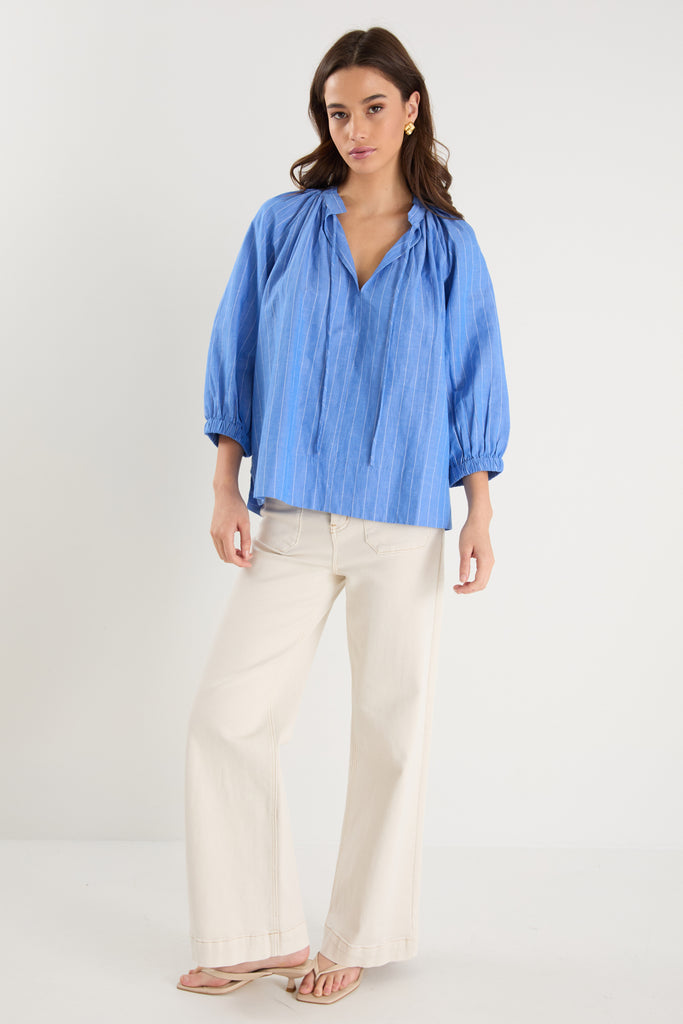 Shop Compliment French Blue Stripe Blouson Mid Sleeve Top | Flo & Fran