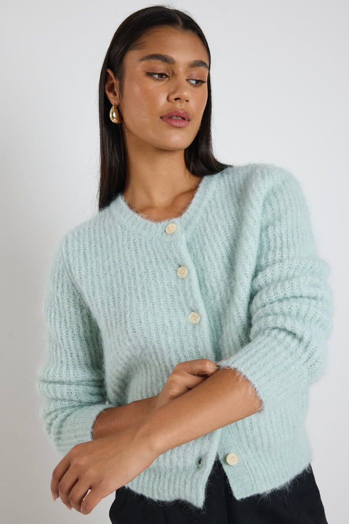 Shop Compound Sea Foam Mohair Blend Crewneck Cardigan | Flo & Frankie