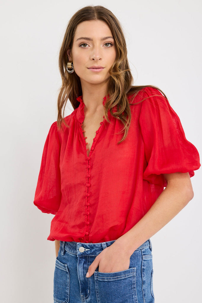 Shop Continuance Poppy Ramie High Neck Buttoned SS Top | Flo & Frankie