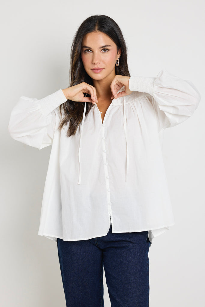Shop Creator Ivory Voile Pintuck LS Blouse | Flo & Frankie