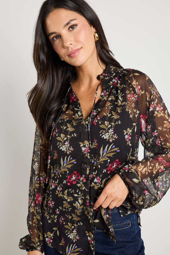 Shop Deft Black Posy Floral Sheer LS Blouse | Flo & Frankie
