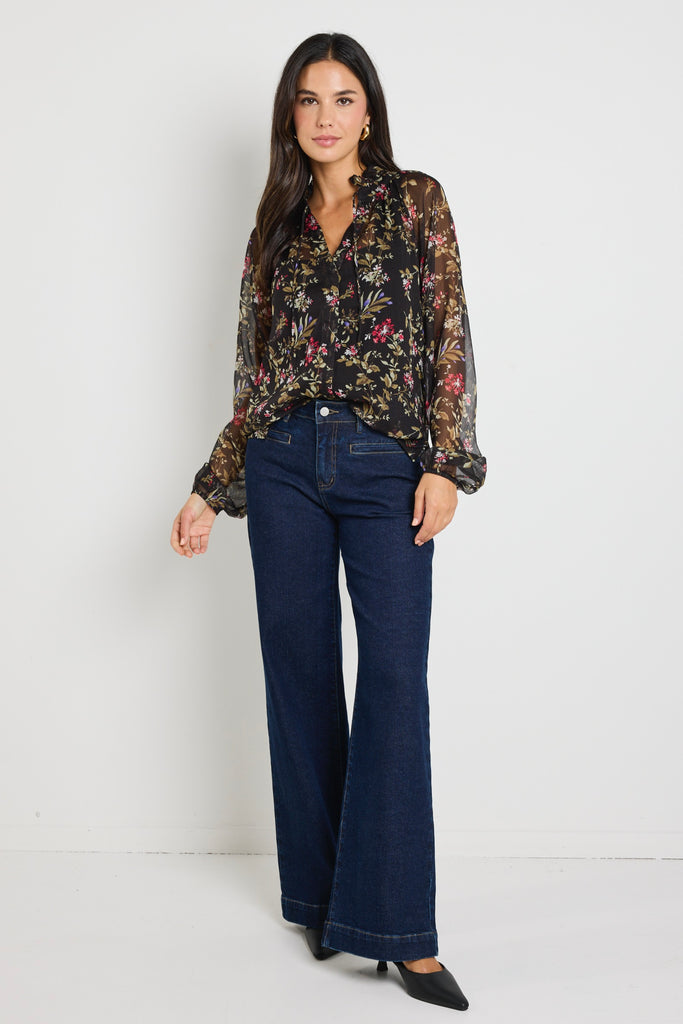 Shop Deft Black Posy Floral Sheer LS Blouse | Flo & Frankie