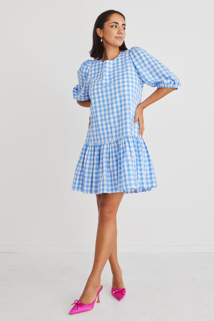Shop Emelia French Blue Check Drop Waist Smock Mini Dress | Flo & Fran