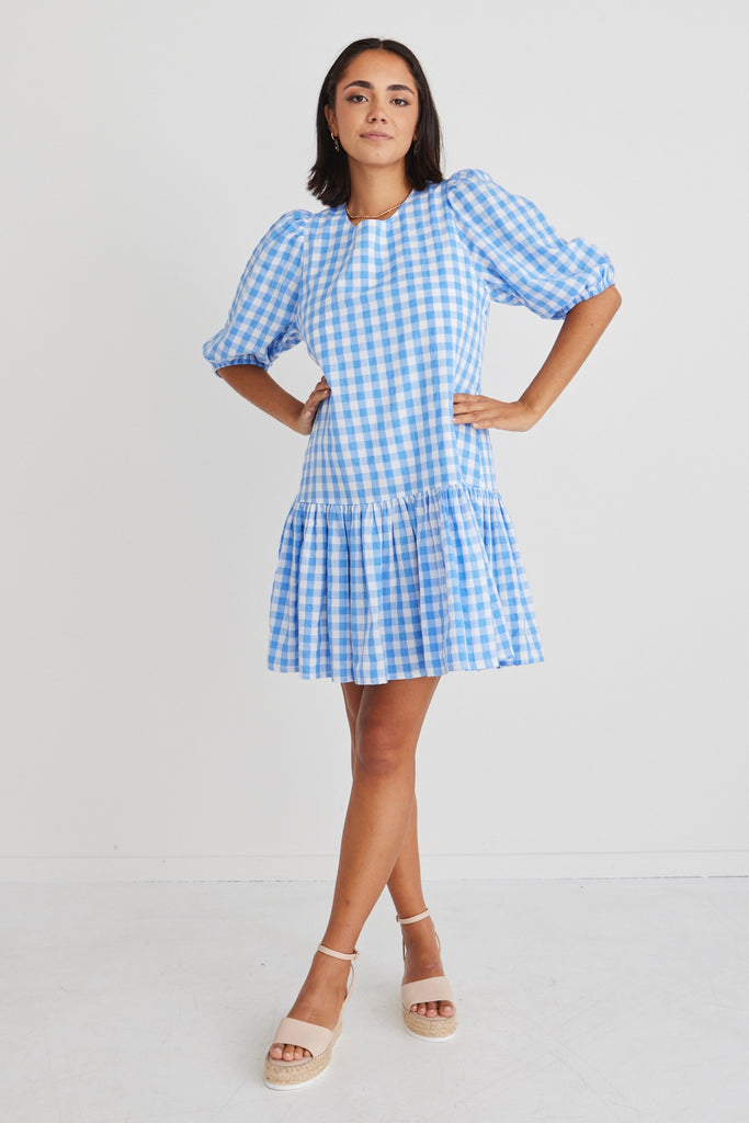 Shop Emelia French Blue Check Drop Waist Smock Mini Dress | Flo & Fran