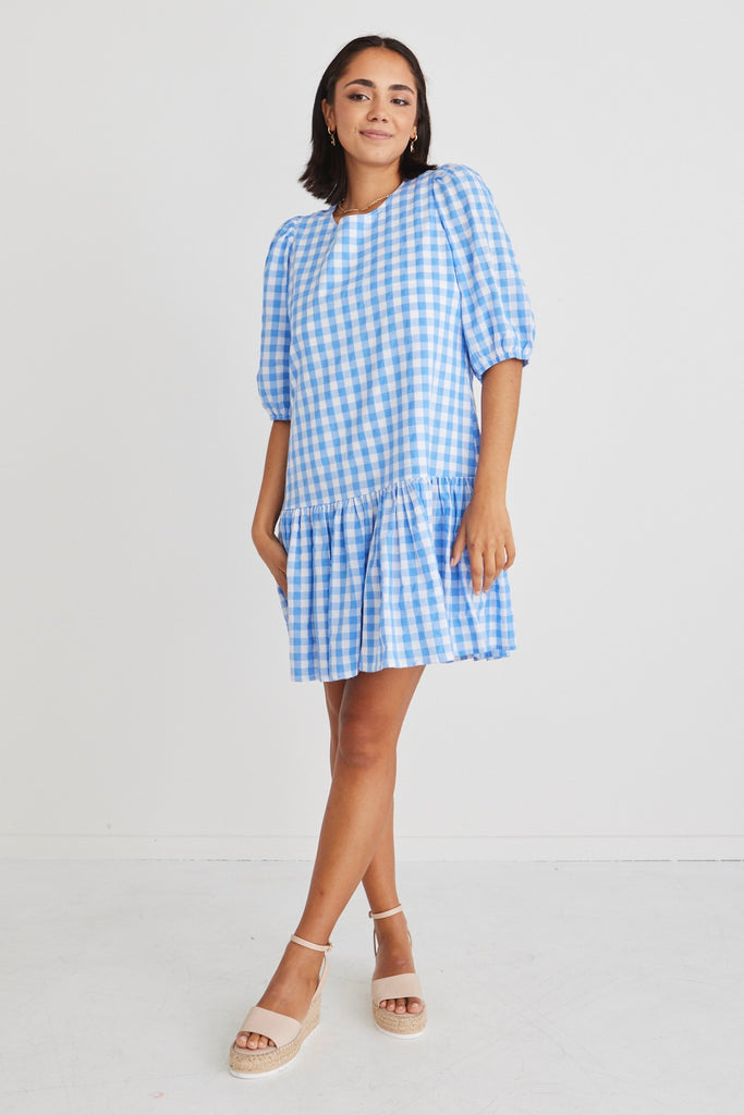 Shop Emelia French Blue Check Drop Waist Smock Mini Dress | Flo & Fran
