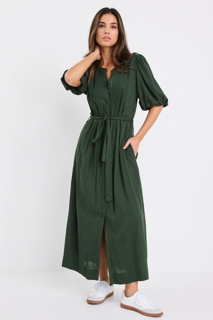 Shop Emotion Forest Puff Sleeve Pin Tuck Midi Shirt Dress | Flo & Fran