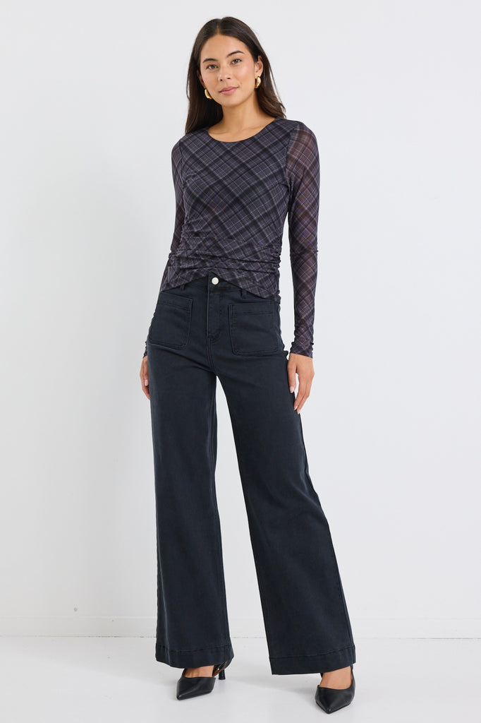 Shop Explore Charcoal Check LS Wide Neck Top | Flo & Frankie