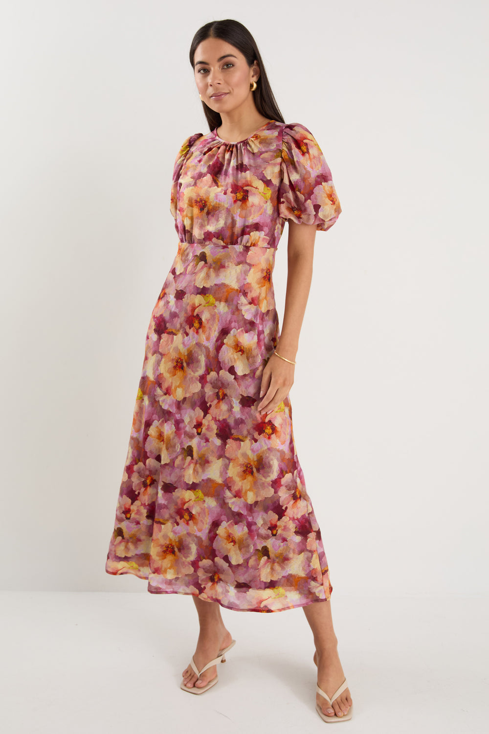Shop Exquisite Pink Multi Floral Puff Sleeve Midi Dress | Flo & Franki