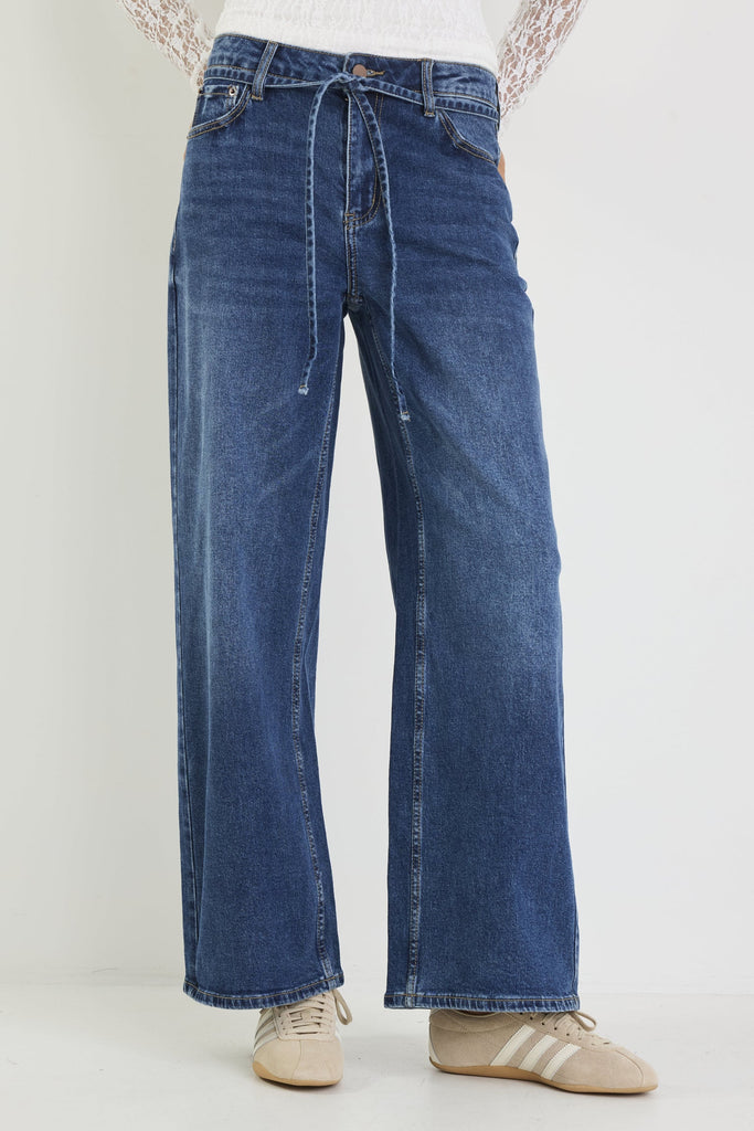Shop College Deep Blue Wide Leg Tie Belt Jean | Flo & Frankie