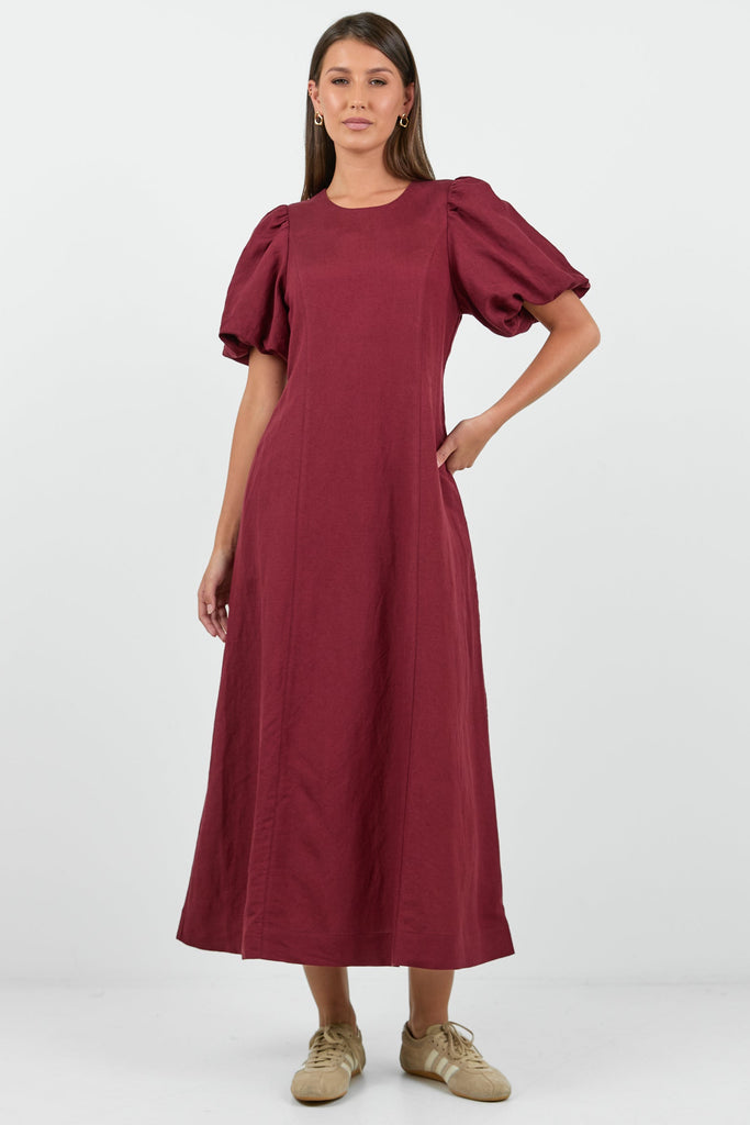 Shop Indulgent Burgundy Puff Sleeve Relaxed Maxi Dress | Flo & Frankie