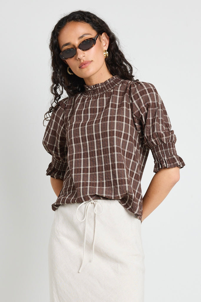 Shop Influential Chocolate Check High Neck SS Top | Flo & Frankie