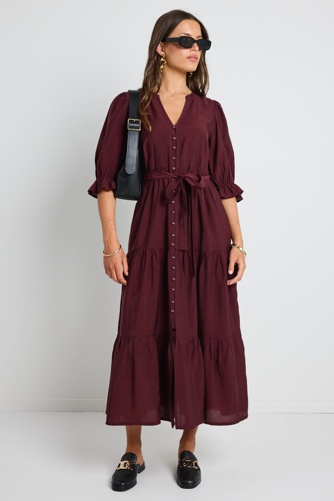 Shop Irresistible Burgundy Plum SS Button Front Tiered Maxi Dress | Fl