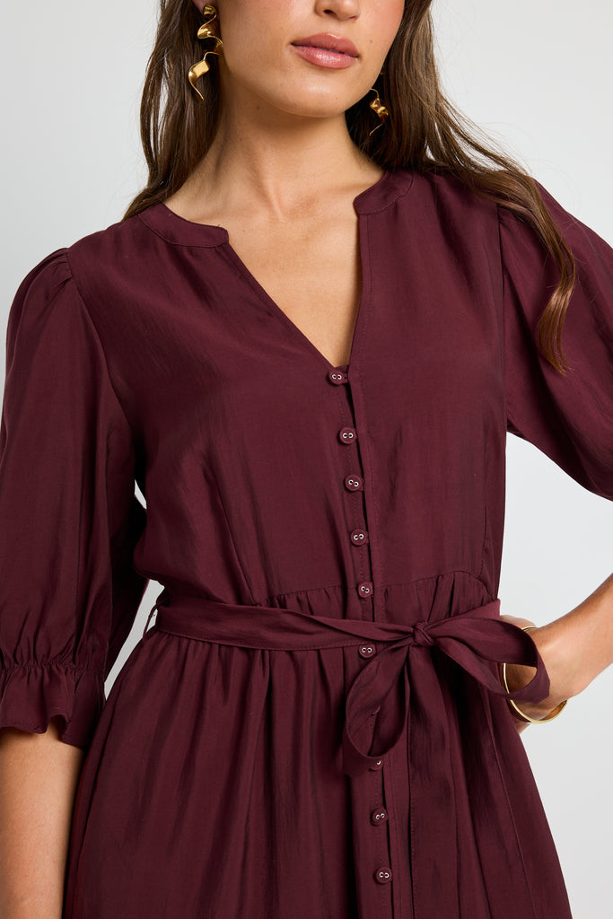 Shop Irresistible Burgundy Plum SS Button Front Tiered Maxi Dress | Fl