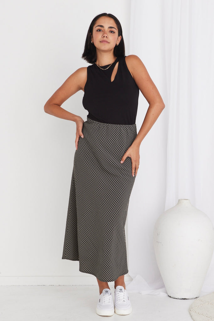 Shop Ivy Black Check Bias Cut Midi Skirt | Flo & Frankie