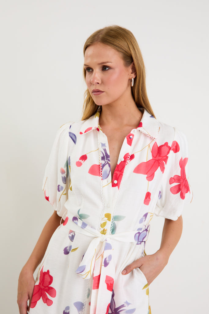 Shop Jasmine Cream Poppy Floral Puff Sleeve Long Shirt Dress | Flo & F