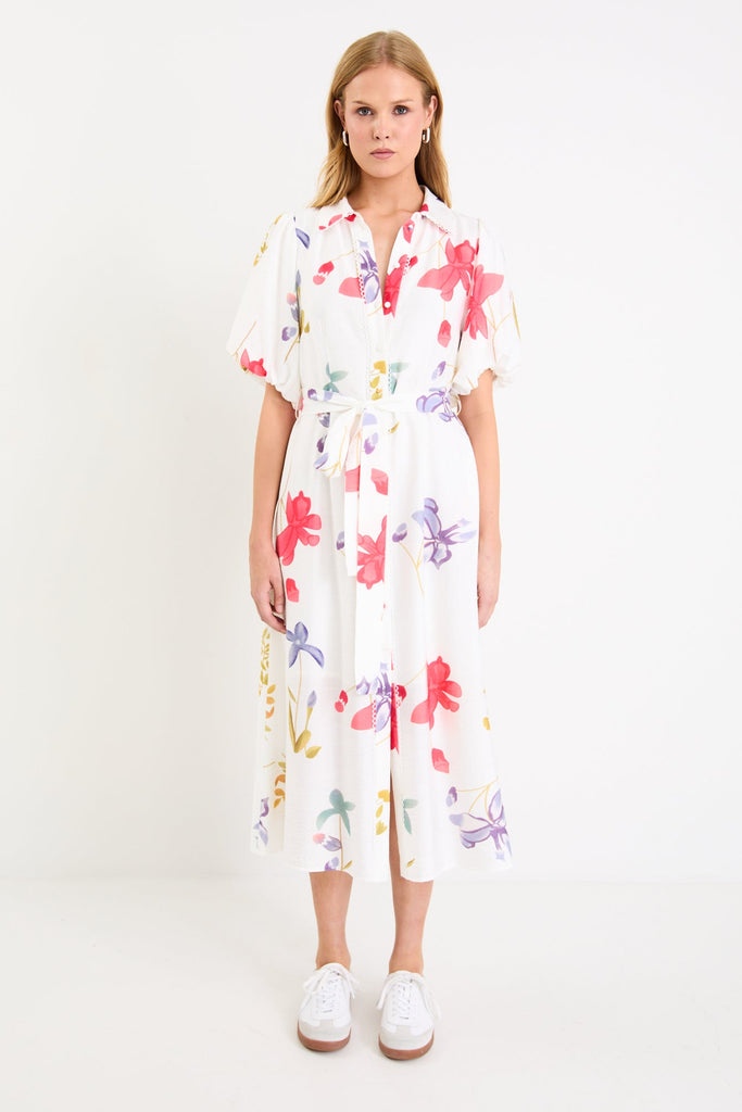 Shop Jasmine Cream Poppy Floral Puff Sleeve Long Shirt Dress | Flo & F