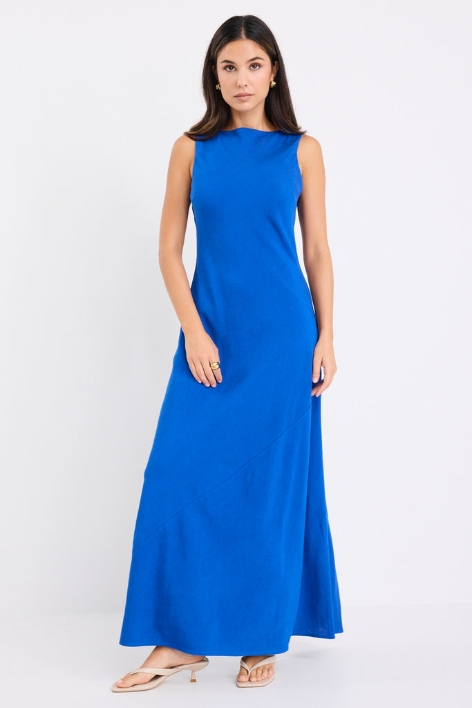 Shop Knockout Electric Blue Linen Blend V Back Slip Dress | Flo & Fran